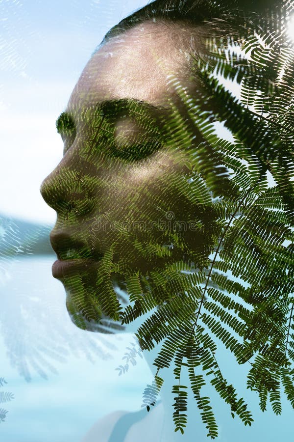 Double Exposure Profile Portrait of a Young, Relaxed Natural Beauty and ...