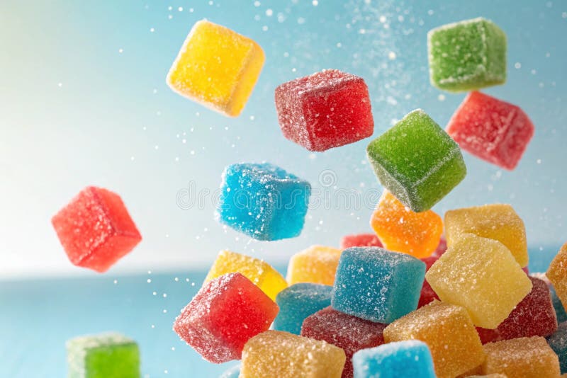 Bright Assorted Gummy Candy Cubes Floating in Mid-air Creating a ...
