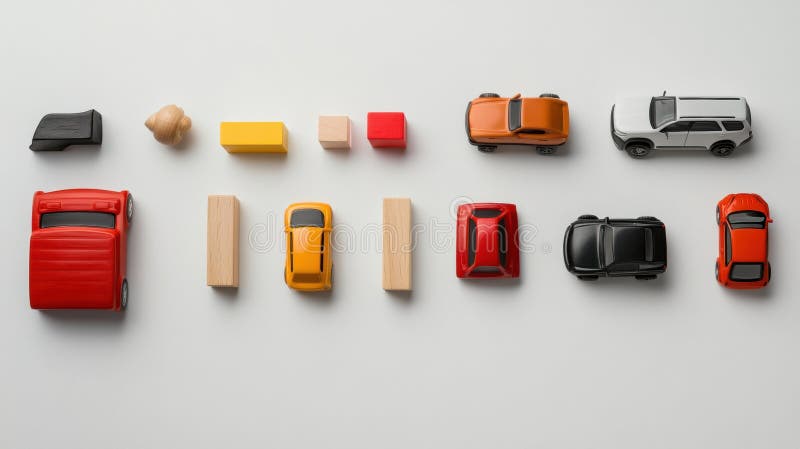 Bright Assortment of Toy Cars, Blocks, and Dolls Arranged on a White ...