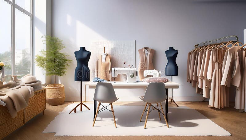 Bright Atelier Studio with Various Sewing Items, Fabrics and Mannequins ...