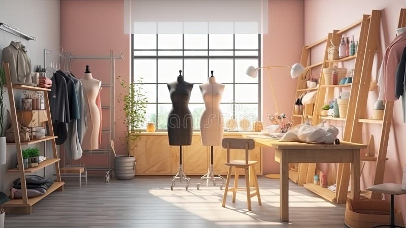 Bright Atelier Studio with Various Sewing Items, Fabrics and Mannequins ...