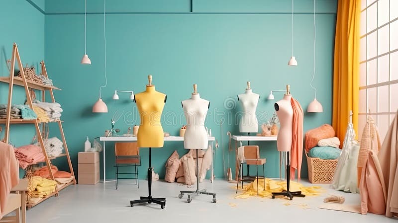 Bright Atelier Studio with Various Sewing Items, Fabrics and Mannequins ...