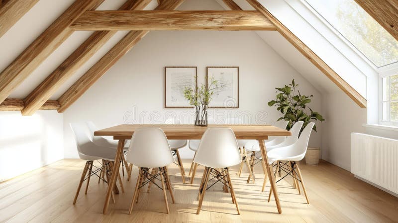 Bright Attic Dining Room, Wood Beams, Modern Interior Stock ...