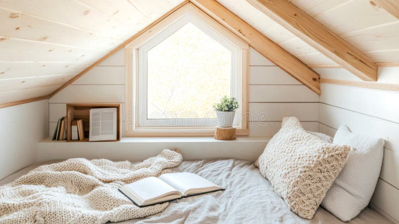 Bright Attic Room Featuring a Cozy Bed and Open Book Stock Illustration - Illustration of shelf ...