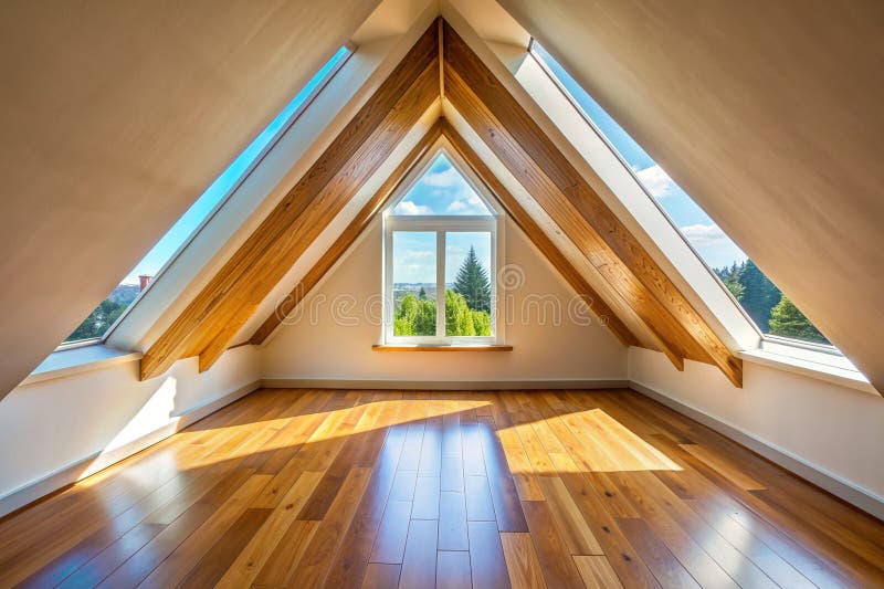 Bright Attic Room with Triangular Window and Wooden Floor Generative AI ...
