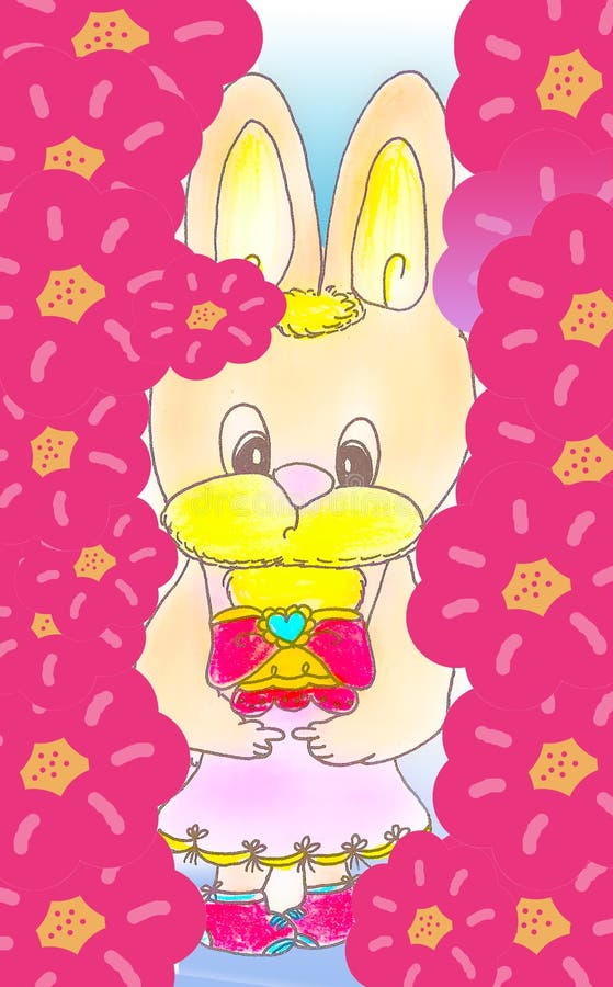 Bright Sweet Light Brown Khaki Pink Cartoon Girl Bunny Rabbit With Colorful Flower Blossom Art