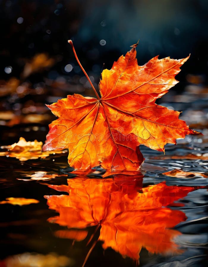 Bright Autumn Leaf Floating on Reflective Water Stock Image - Image of ...