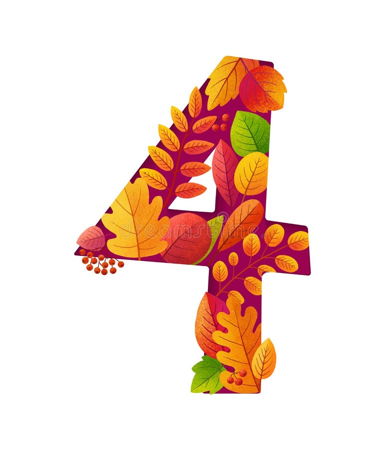Bright Autumn Leaves in Number Four Shape, Vector Symbol Isolated on ...