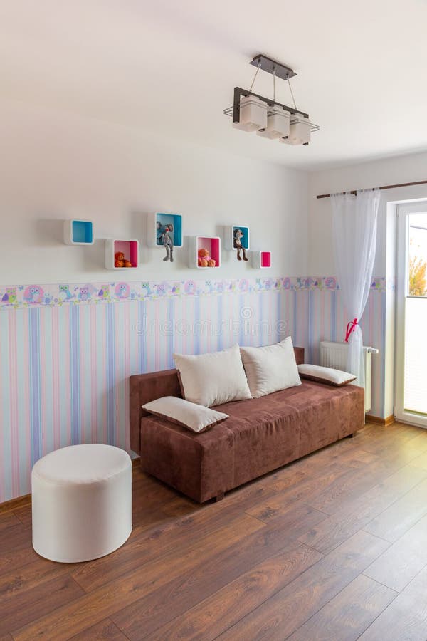 Bright Baby Room with Wallpaper Stock Image - Image of lines, door ...