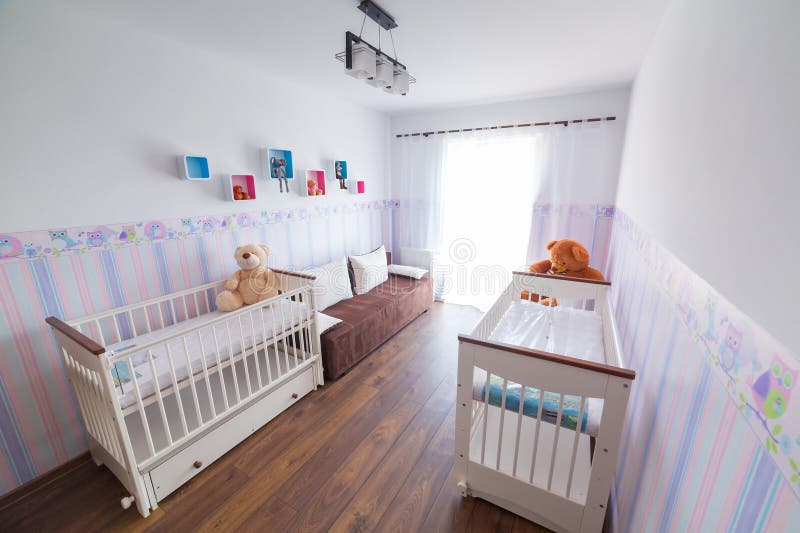 Bright Baby Room with White Cradles Stock Photo - Image of stripes ...