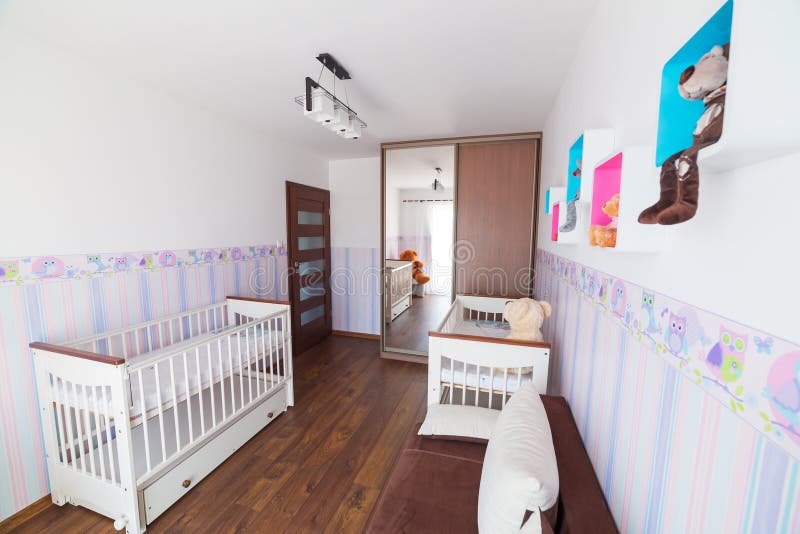 Bright Baby Room with White Cradles Stock Image - Image of stripes ...