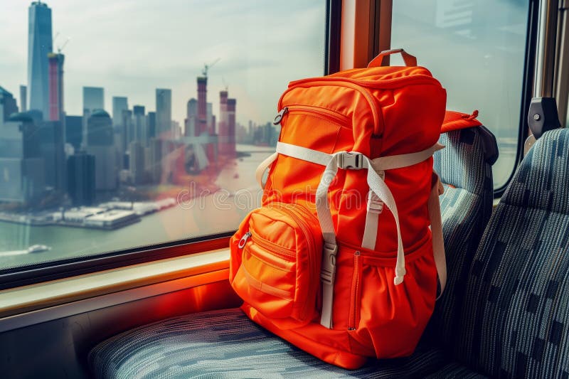 Bright Backpack on a Metro Bus Seat with Cityscape Outside Window Stock ...