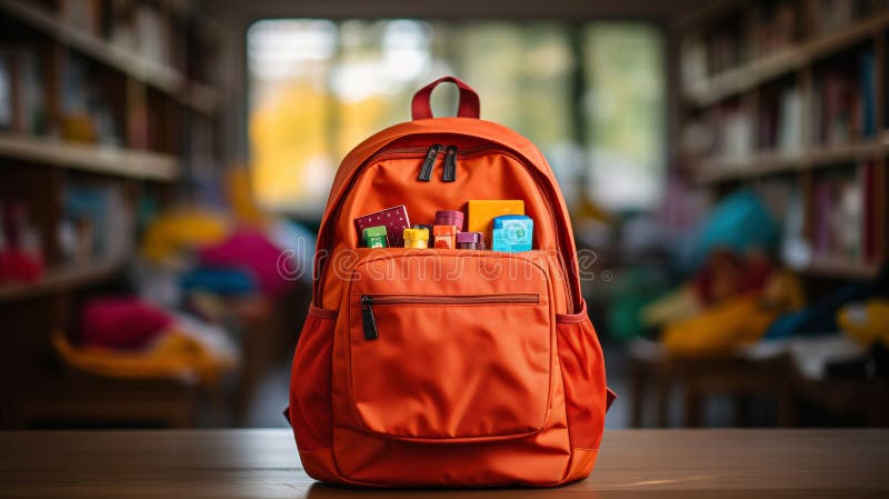 Backpack Filled with School Supplies on a Table in a Library Stock ...