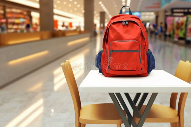 Bright Backpack with School Stationery on Table in Shopping Mall Stock ...