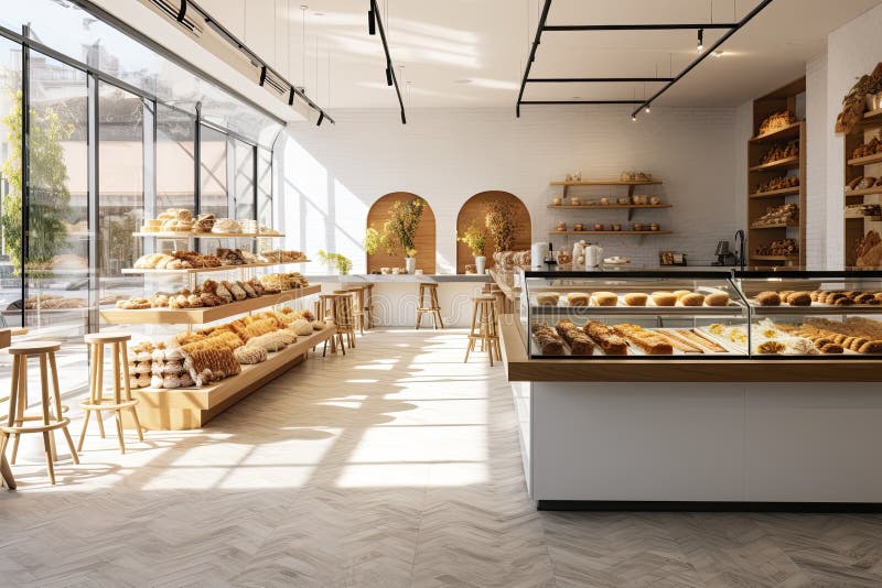 Bright Bakery Cafe Interior with Pastries and Breads on Display with ...