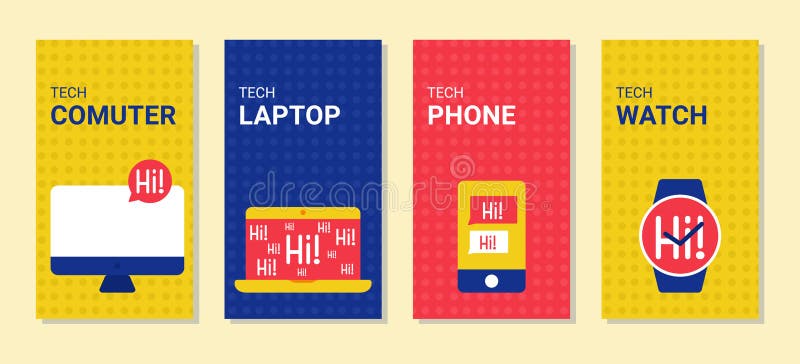 4 Bright Banners with a Computer, Laptop, Smart Watch and Phone ...