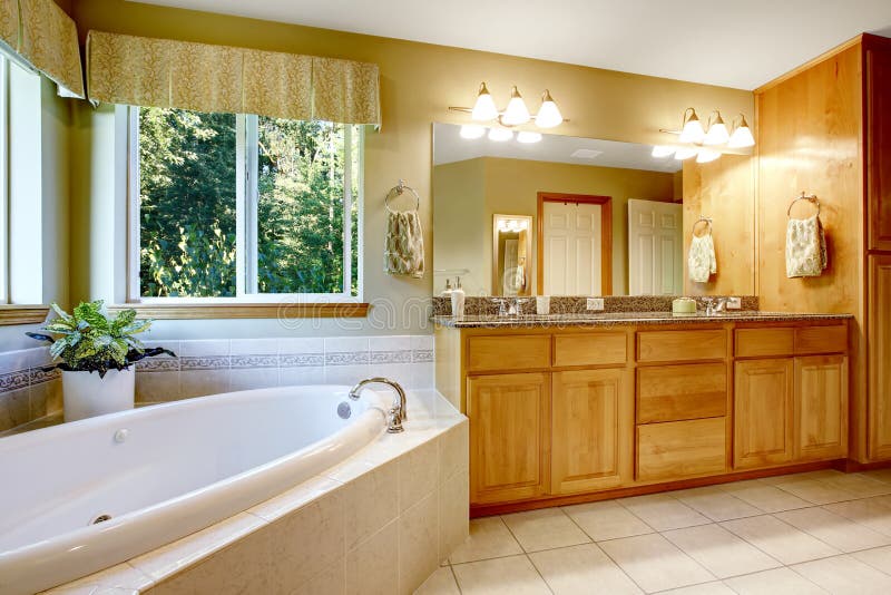Bright Bathroom with Corner Bath Tub Stock Photo - Image of corner ...