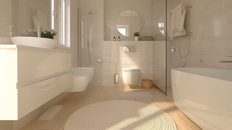 Bright Bathroom Featuring a Round Mirror and Modern White Fixtures ...