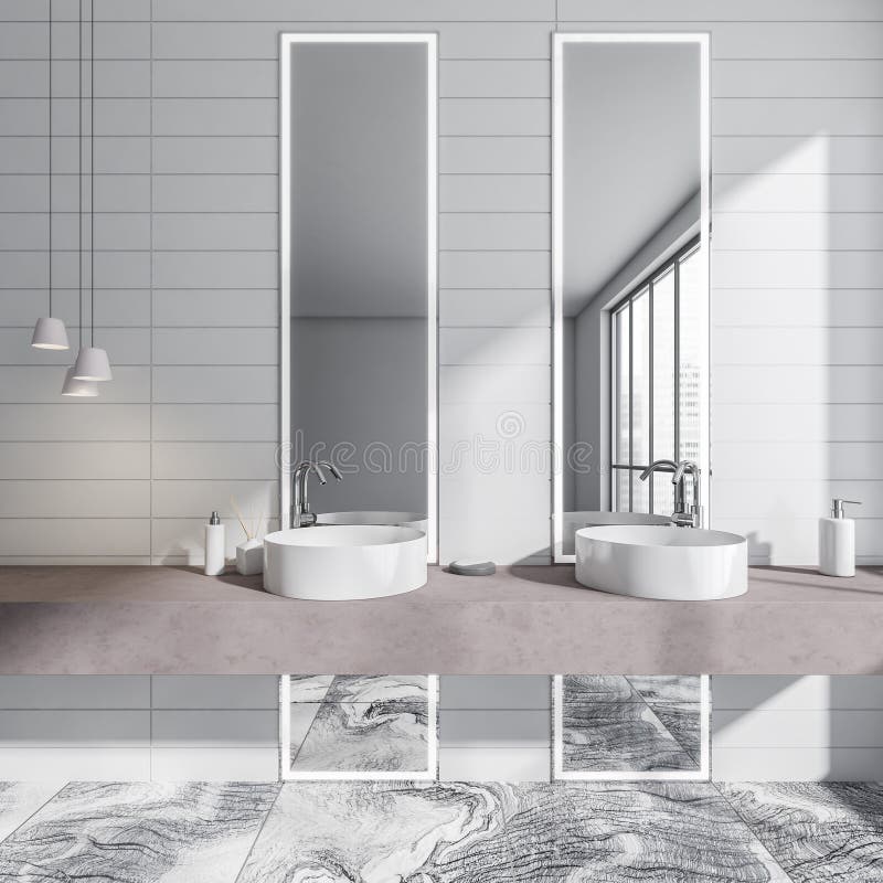 Bright Bathroom Interior with Two Sinks, Mirror with Reflection Stock ...