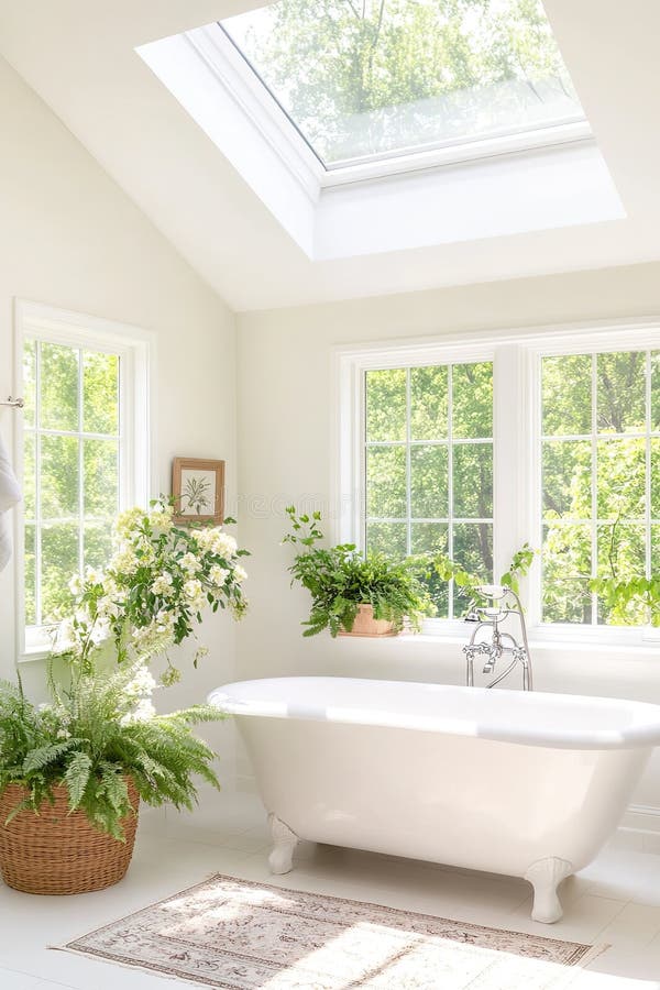 Bright Bathroom with Skylight and Greenery in a Serene Atmosphere Stock ...