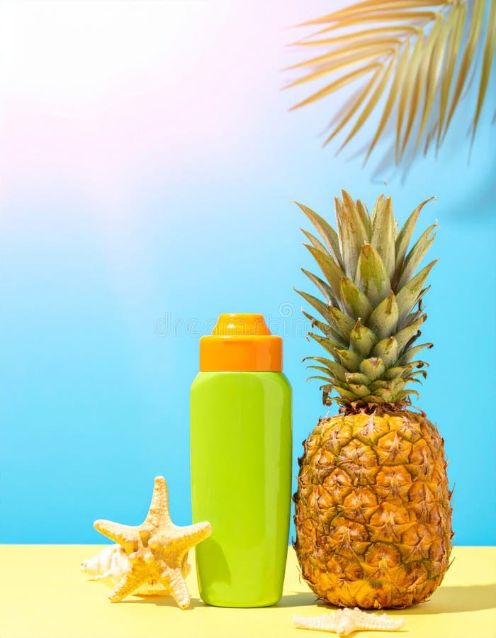 Bright Beach Still Life with Pineapple Sunscreen and Starfish on Blue ...