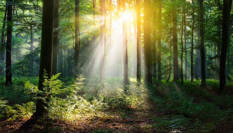 Bright Beam of Light Breaking through Dense Forest Symbolizes Hope and ...