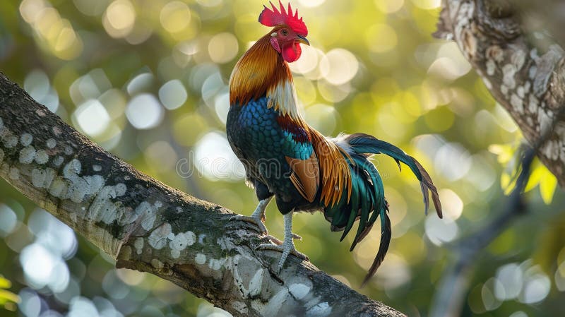 Bright Beautiful Rooster, in Tree Branch. Generative Ai Stock ...