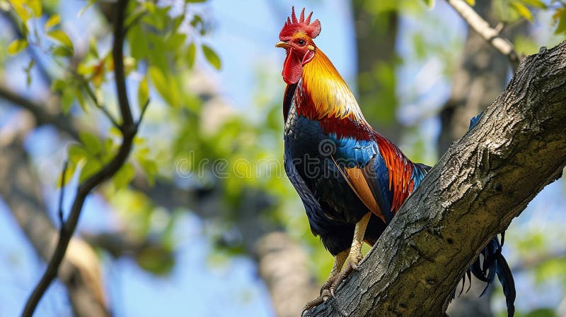 Bright Beautiful Rooster, in Tree Branch. Generative Ai Stock ...