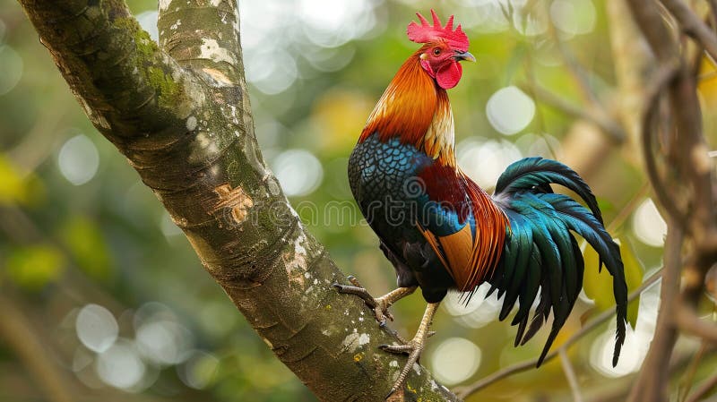 Bright Beautiful Rooster, in Tree Branch. Generative Ai Stock ...