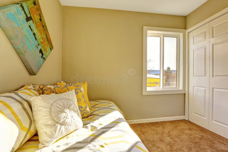 Bright Bedroom with Beige Walls. Stock Image - Image of american ...