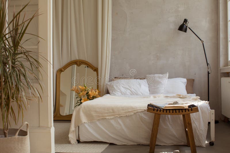 Bright Bedroom with Empty Bed Copy Space Stock Image - Image of ...