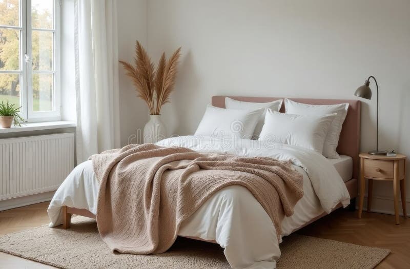 A Bright Bedroom Featuring a Cozy Bed with Soft Linens, a Side Table ...