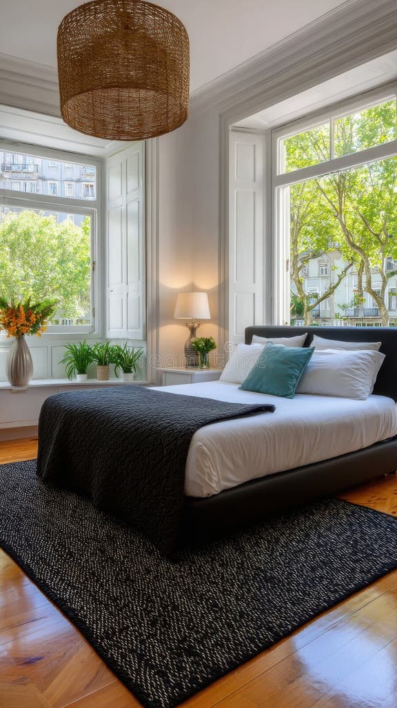 Bright Bedroom Interior with Large Windows, Bed and Rug Stock Photo ...