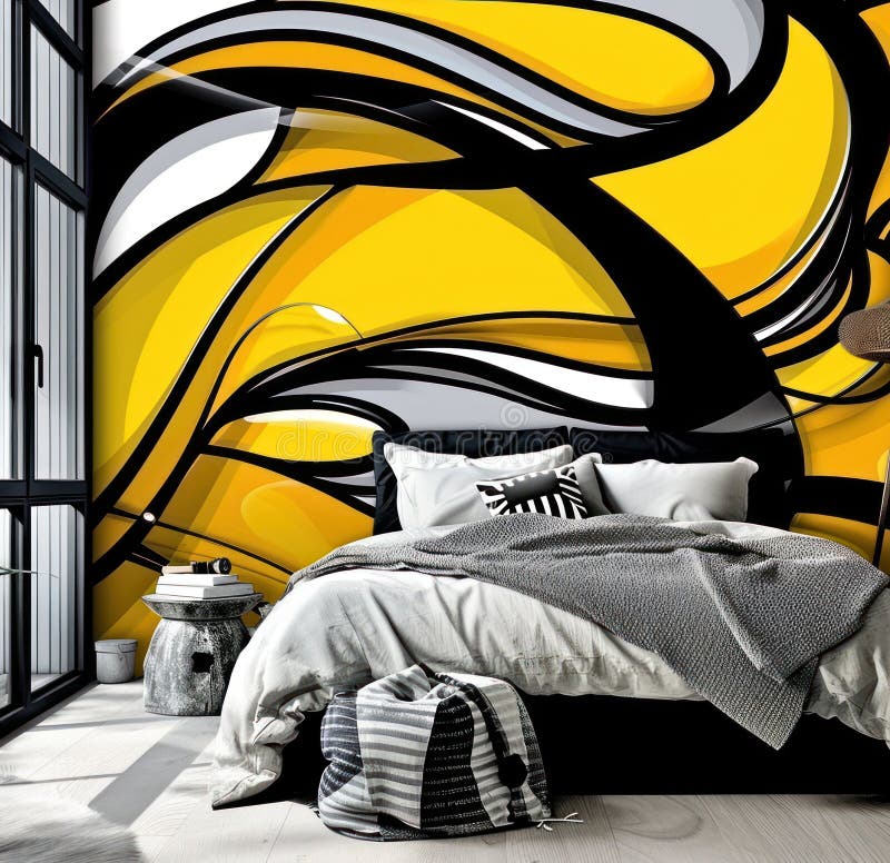 Bright Bedroom Mural with Abstract Design Yellow Stock Image - Image of ...