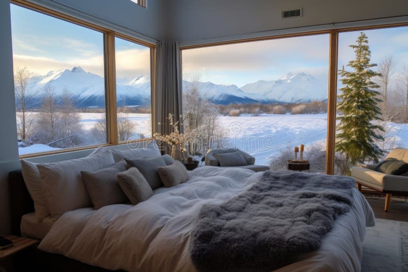 Bright Bedroom Overlooking Snow-capped Mountains in the Morning Stock ... Bright Bedroom Overlooking Snow-capped Mountains in the Morning Stock ...