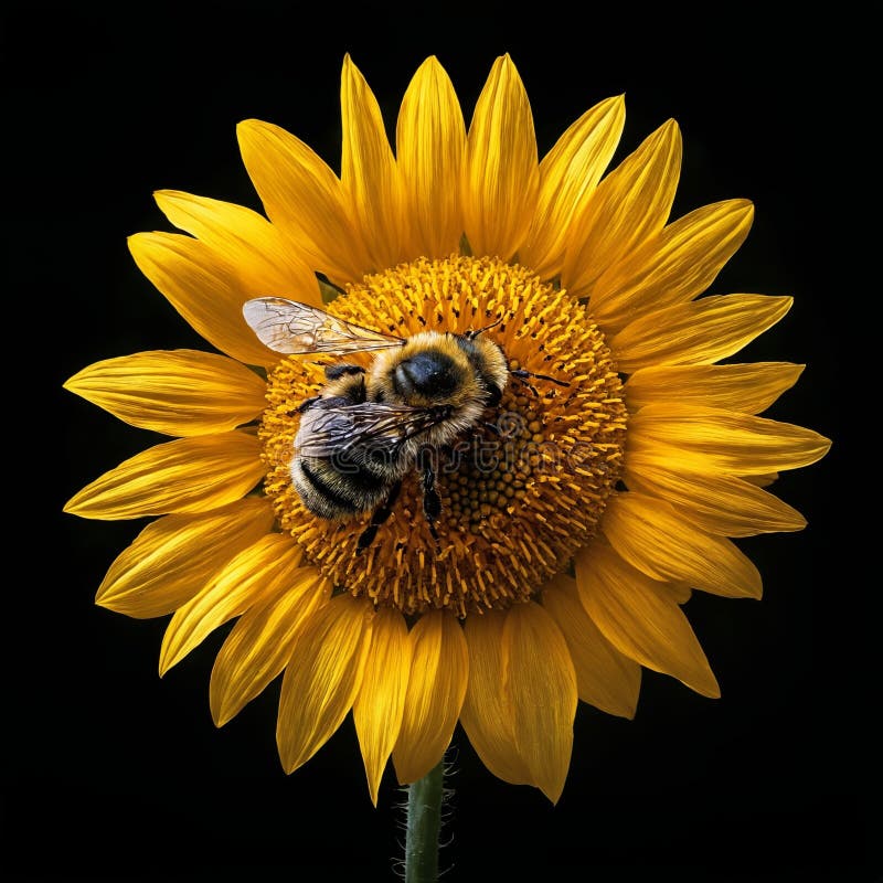 Bright Bee on Flower Digital Art with Solid Black Background Stock ...