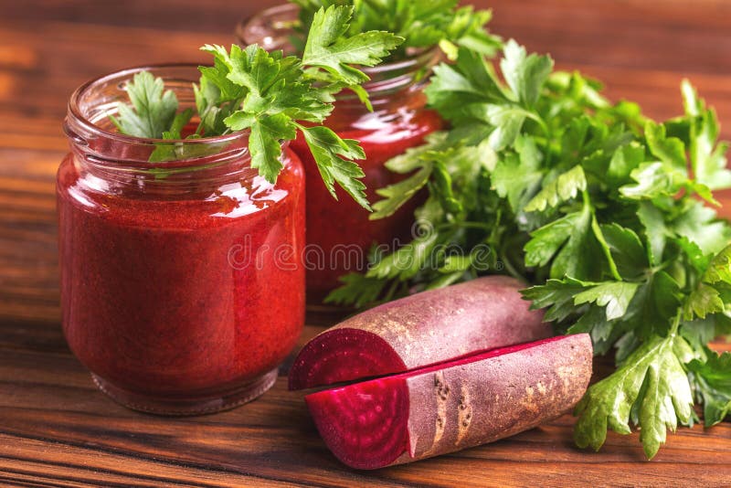 Bright Beetroot Smoothie in Jar with Fresh Pieces of Beet Stock Image ...
