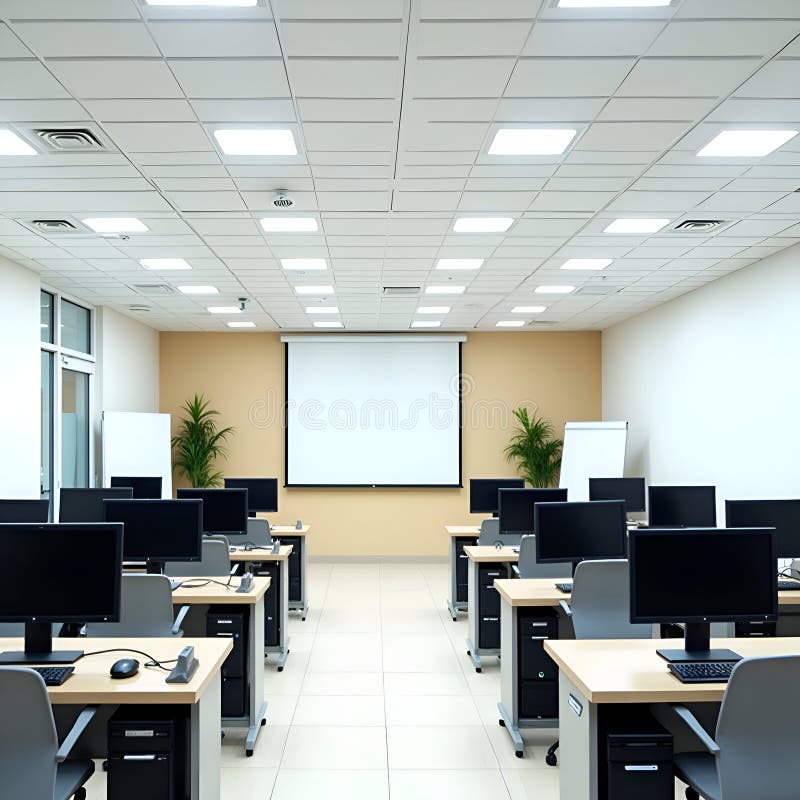 Bright Beige Training Room Computers Projector Screen Stock ...