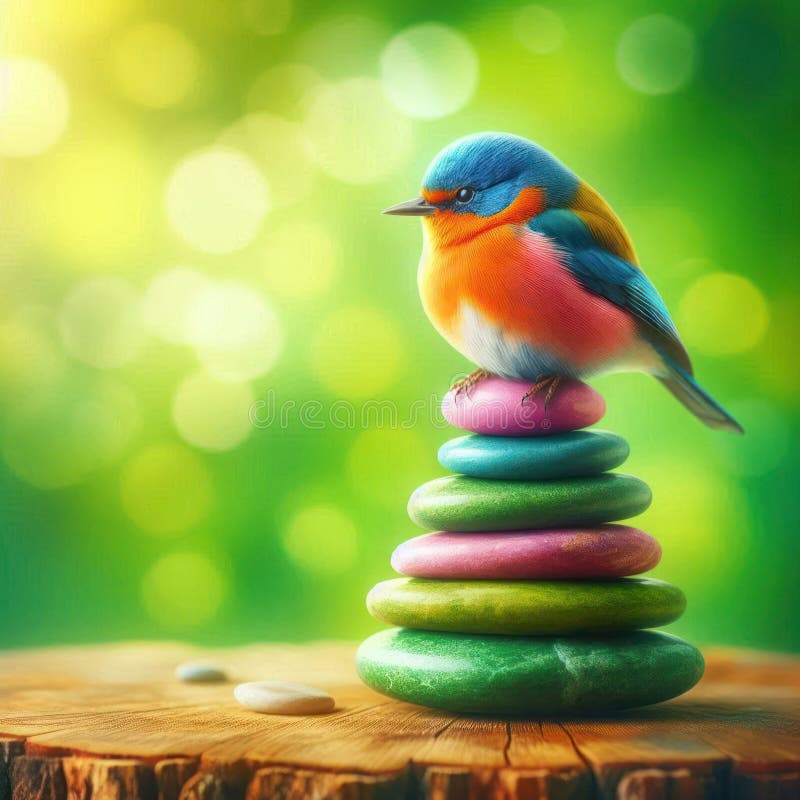 A Bright Bird on Vertically Stacked Multi-colored Stones. Space for ...