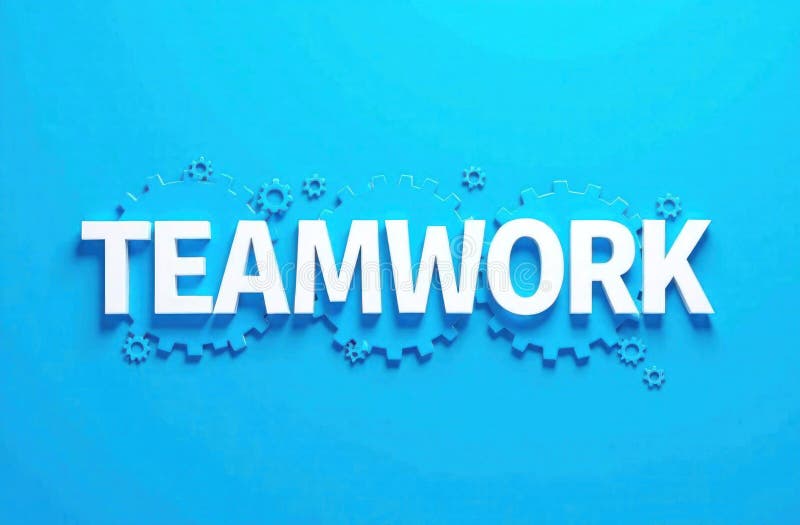 Bright Blue Background Features the Word Teamwork with Gear Designs ...