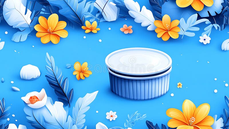 Bright Blue Background with Vibrant Flowers and Round Container in ...
