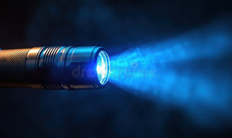 Bright Blue Beam of Light Emitted from Flashlight in Dark Environment ...