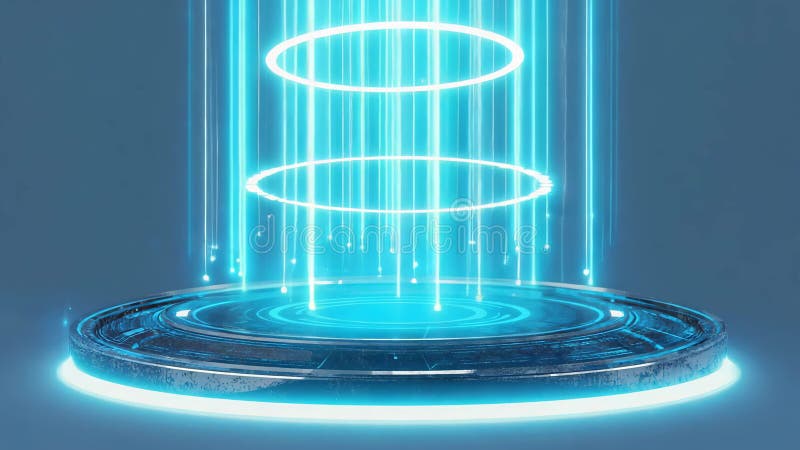 Bright Blue Beams and Particles Shine Onto a Round Futuristic Platform ...