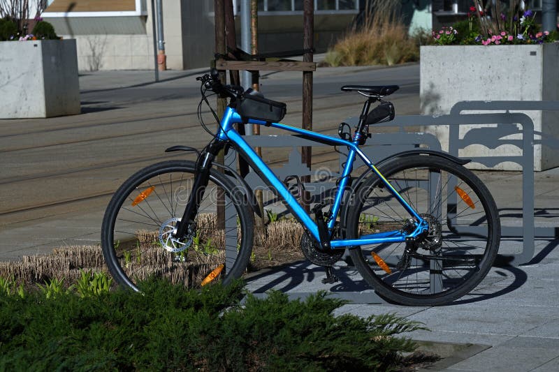 Bright Blue Bicycle Parking Lot Bicycles Urban Environment Stock Photos ...