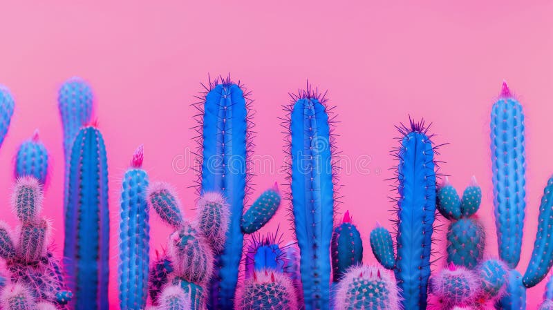 Bright Blue Cactus Plants Against a Pink Background. Stock Illustration ...