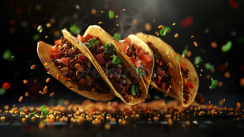 Mexican Food. Falling Tacos. Beef and Vegetable Tacos Stock ...
