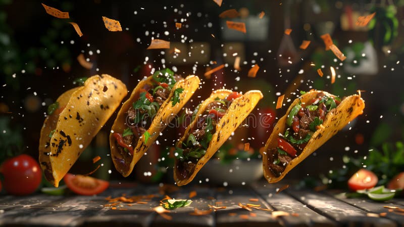 Mexican Food. Falling Tacos. Beef and Vegetable Tacos Stock ...