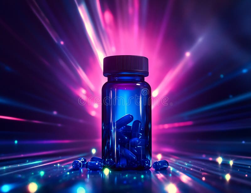 Bright blue capsule bottle stock photo. Image of abstract - 344838020
