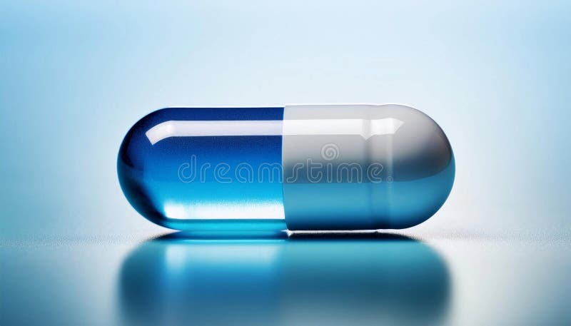 A Bright Blue Capsule, Half-coated in White, Rests on a Reflective ...
