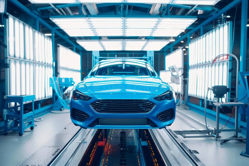 A Bright Blue Car is Displayed on an Assembly Platform in a Well-lit ...